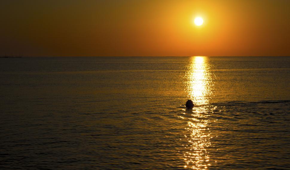 Free Stock Photo of Person swimming towards sun on sea horizon ...