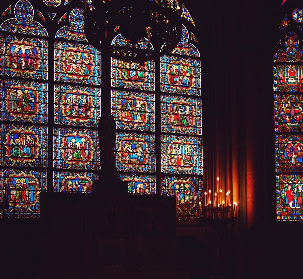 Free Stock Photo of Stained glass windows illuminating church interior ...