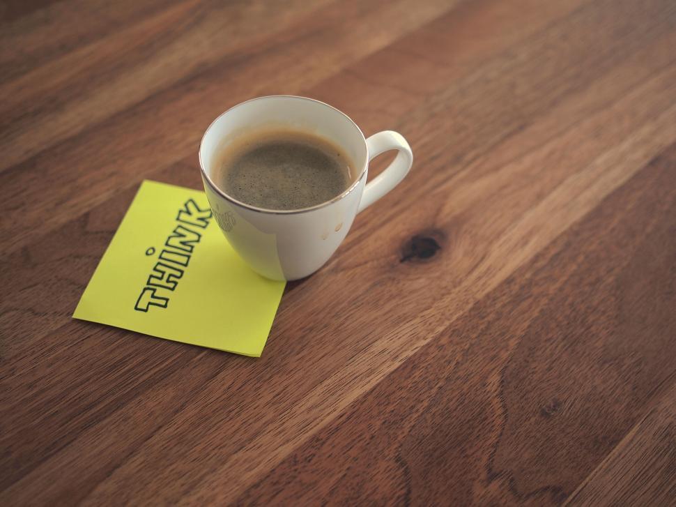 Free Stock Photo of Coffee cup with THINK post-it on the table ...
