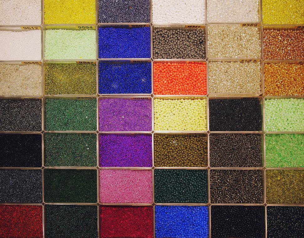 Free Stock Photo of Colorful beads in square compartments display ...
