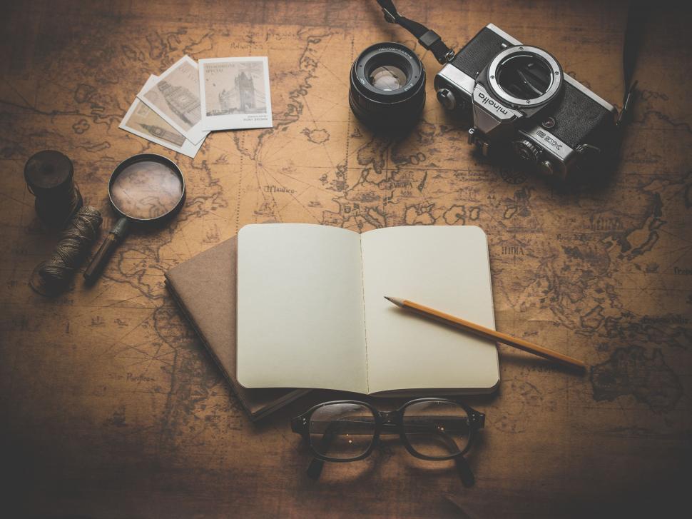 Free Stock Photo of Vintage travel exploration theme on wooden desk ...
