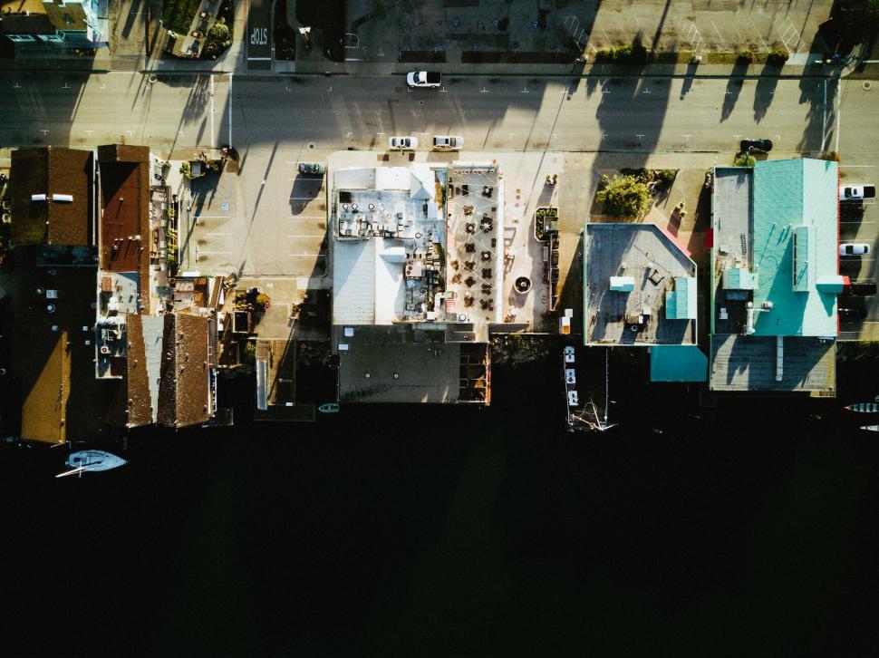 Free Stock Photo of Aerial view of waterfront town street | Download ...