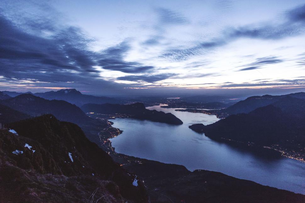 Free Stock Photo of Twilight over lake and mountainous terrain ...
