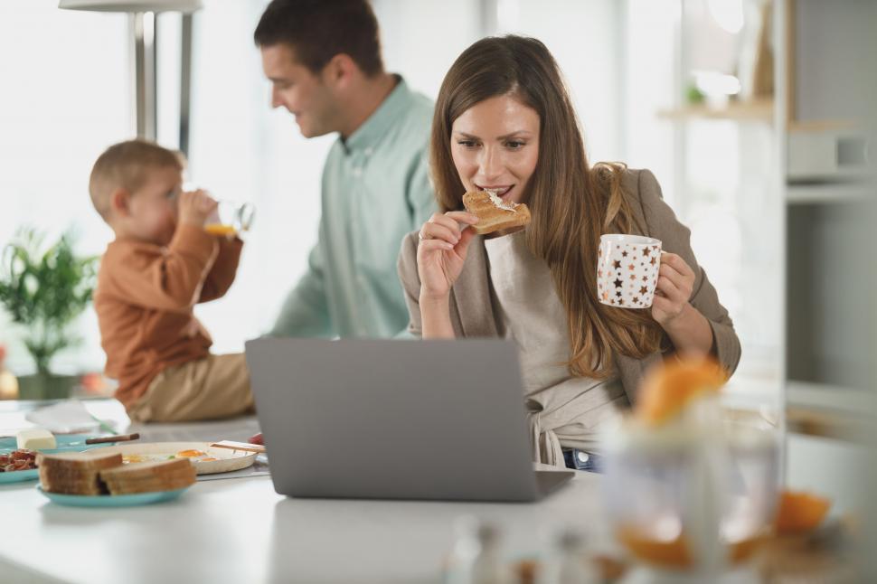 Free Stock Photo of Woman multi-tasking breakfast with work | Download ...