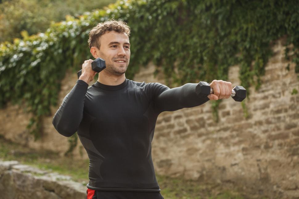 Free Stock Photo of Man exercising outdoors with weights | Download ...