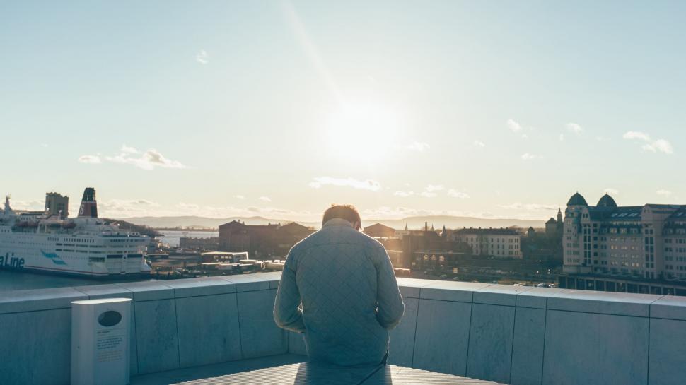 Free Stock Photo of Man enjoying the view of a cityscape from a high ...