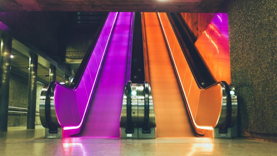 Free Stock Photo of Vibrant escalator in purple and orange hues | Download Free Images and Free ...
