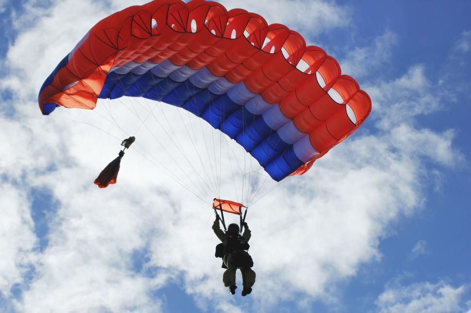 Free Stock Photo of Parachutist descending with a large parachute ...