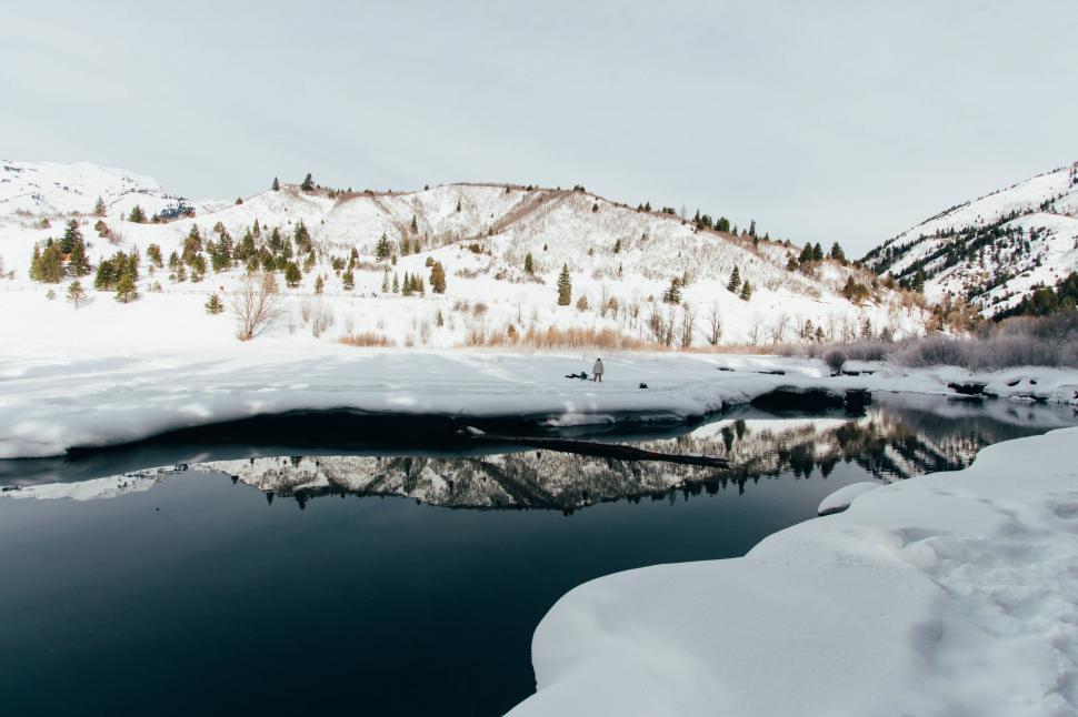 Free Stock Photo of Reflection of snowy hills in a calm frozen lake ...