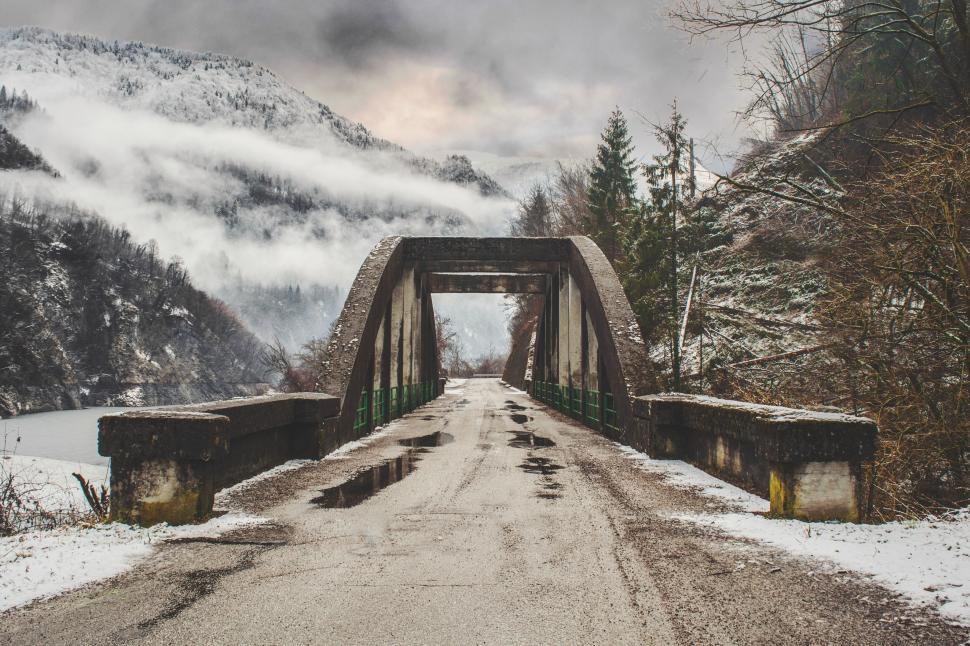 Free Stock Photo of Snow-covered bridge in mountain landscape ...