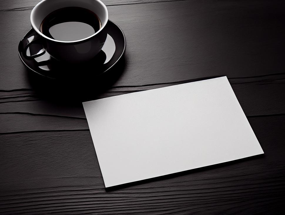 Free Stock Photo of Coffee mug and blank card on dark wooden table ...
