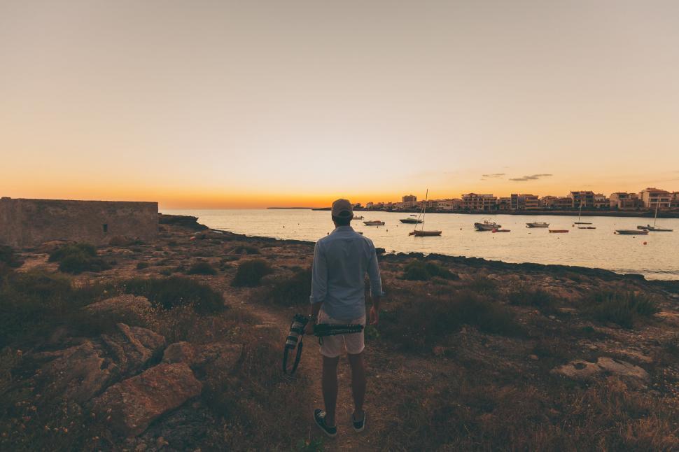 Free Stock Photo of Man overlooking harbor at sunset | Download Free ...