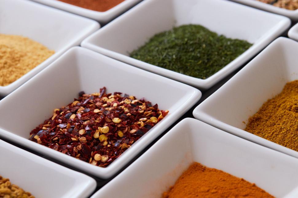 Free Stock Photo of Assorted spices in white square containers ...