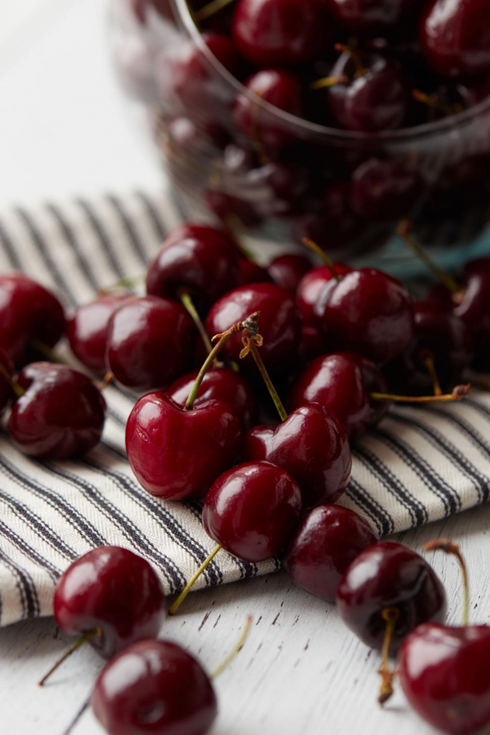 Free Stock Photo of Fresh ripe cherries on striped cloth | Download ...