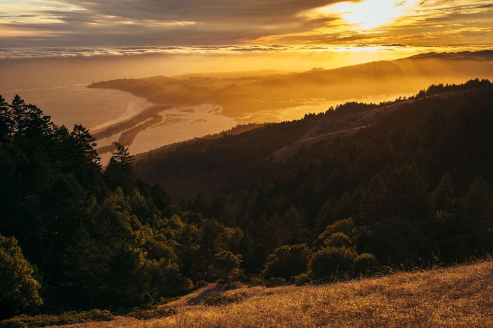 Free Stock Photo of Sunset view over a forest and river delta ...