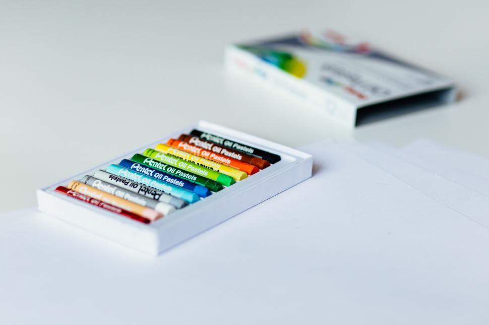 Free Stock Photo of Pastel markers in a box on white background ...