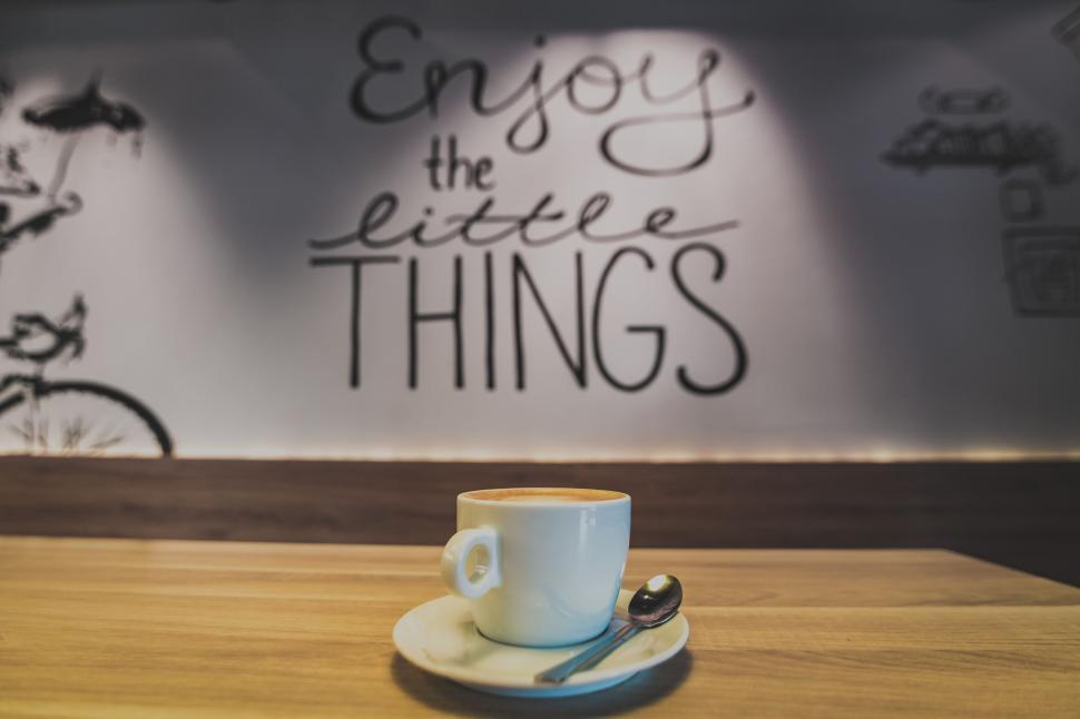 Free Stock Photo of Enjoy the little things calligraphy with coffee cup ...