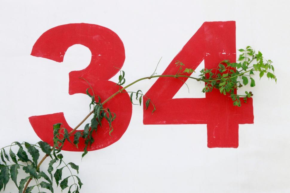 Free Stock Photo of Red numerical sign 34 entwined with green ivy ...