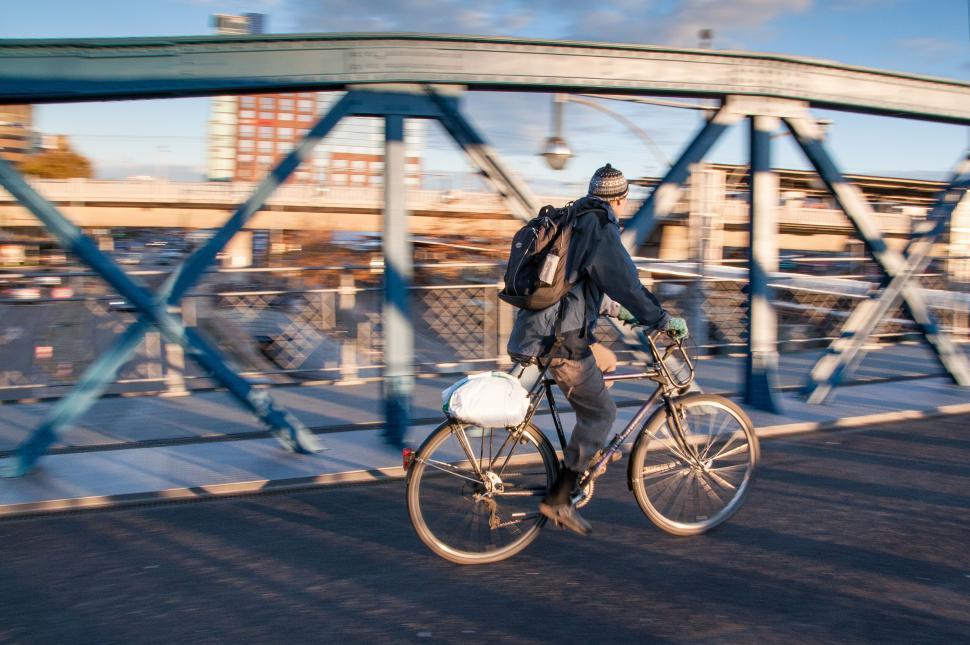 Free Stock Photo of Cyclist crossing bridge in motion on sunny day ...