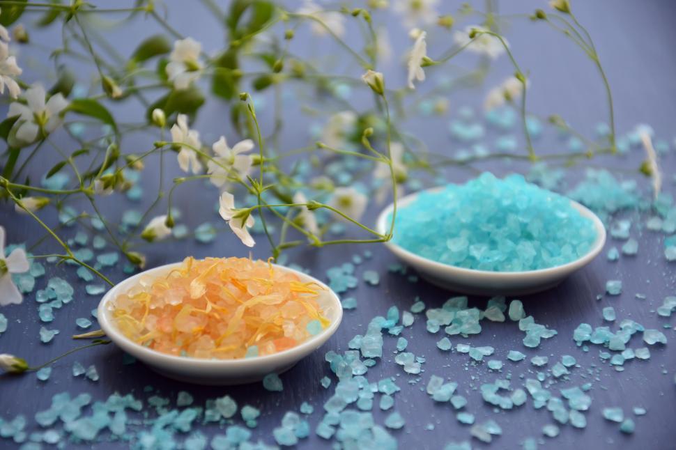 Free Stock Photo of Colorful bath salts on dark wooden background ...