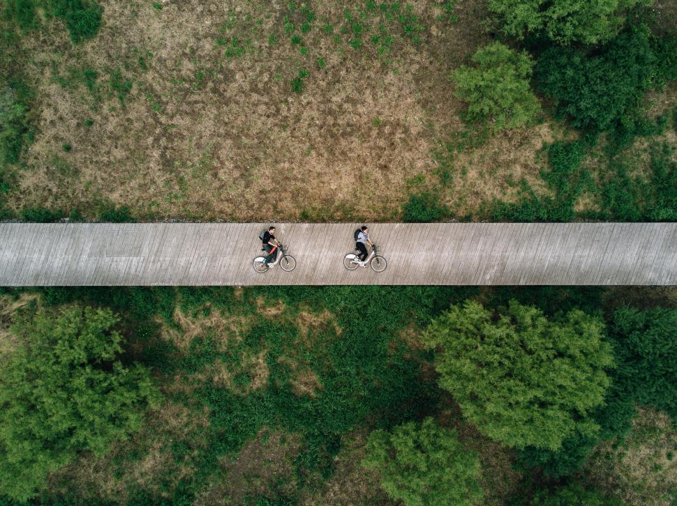 Free Stock Photo of Aerial shot of two cyclists on pathway | Download ...