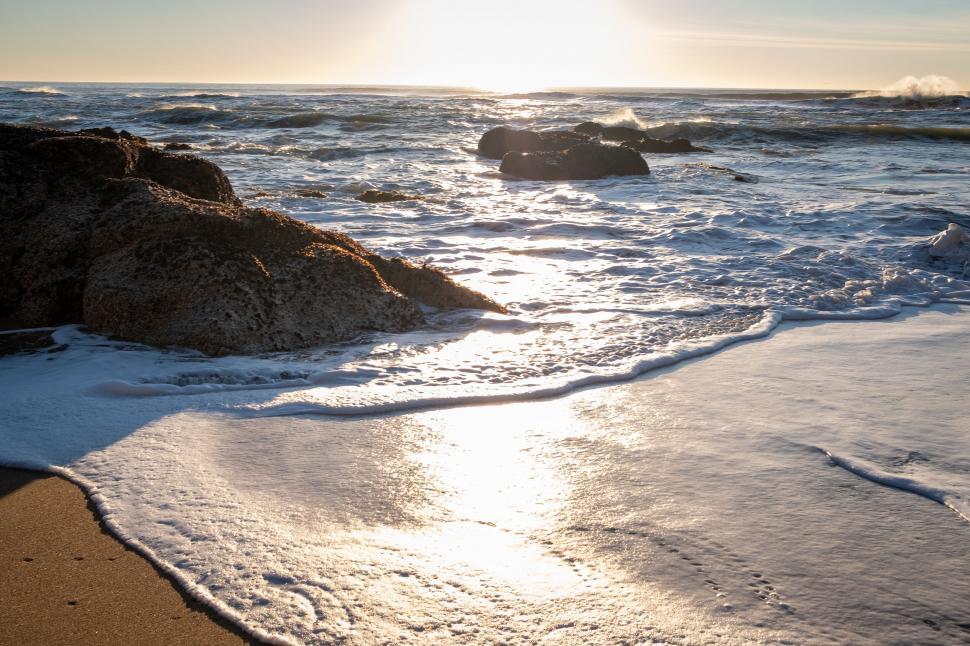 Free Stock Photo of Golden sunset over frothy beach waves | Download ...