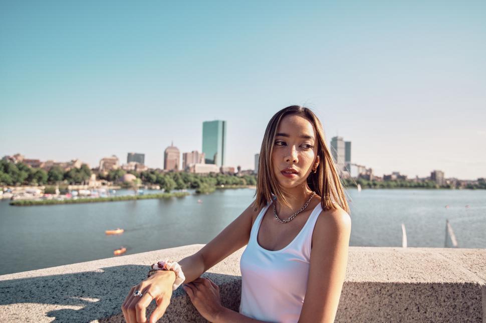 Free Stock Photo of Casually dressed woman overlooking city skyline ...
