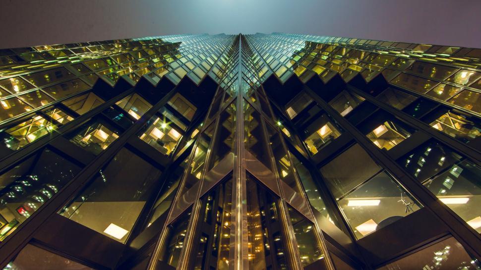 Free Stock Photo of Skyscraper s geometric glass facade at night ...