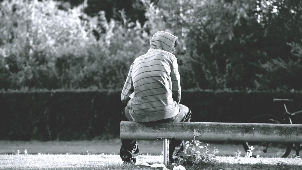 Free Stock Photo of Person sitting alone on a bench in grayscale ...