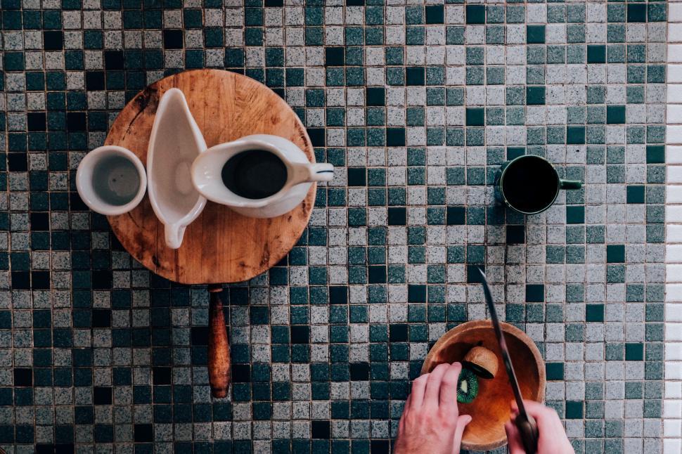 Free Stock Photo of Aerial view of a breakfast setup on tiles ...