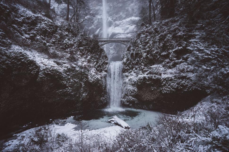 Free Stock Photo of Snow-covered bridge over a frozen waterfall ...
