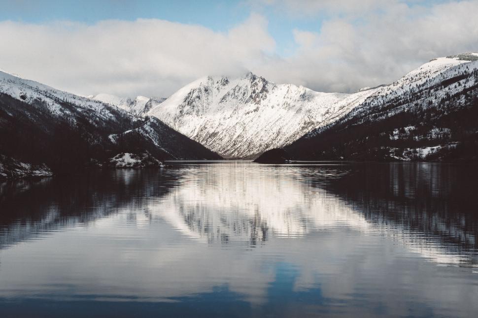 Free Stock Photo of Snow-covered mountains reflected in calm lake ...
