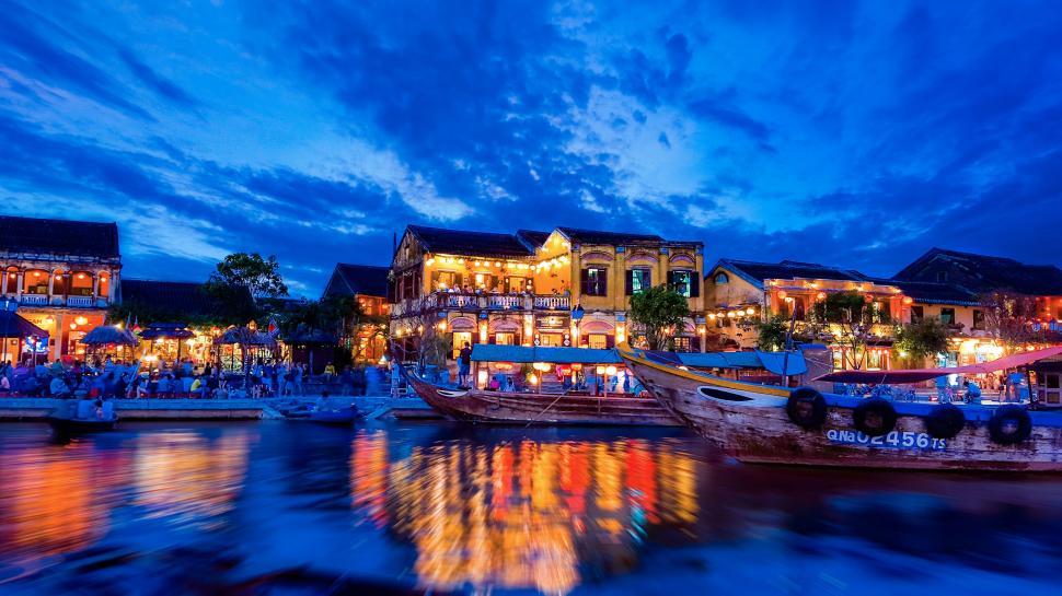 Free Stock Photo of Lively riverside town at twilight | Download Free ...