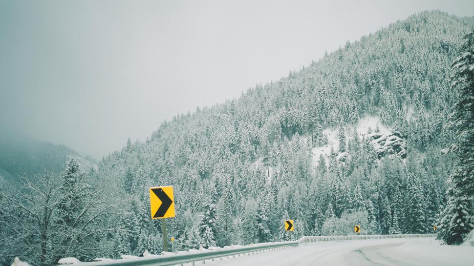 Free Stock Photo of Snowy mountain road with yellow warning signs ...