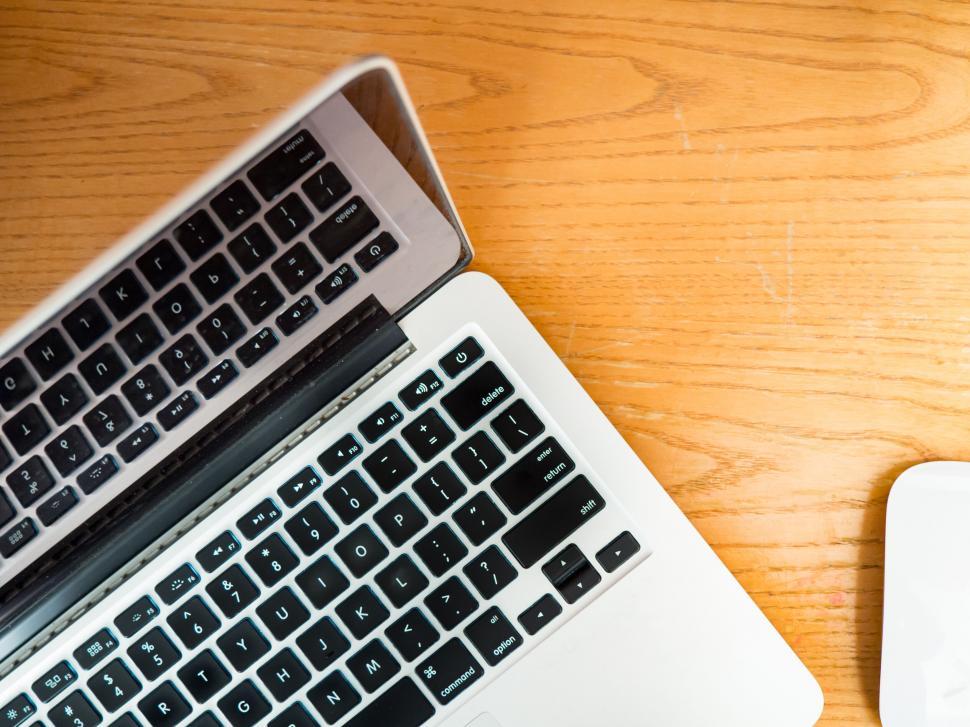 Free Stock Photo of Half-closed laptop on wooden desk | Download Free ...