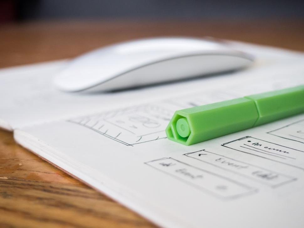 Free Stock Photo of Work desk with computer mouse and green marker ...