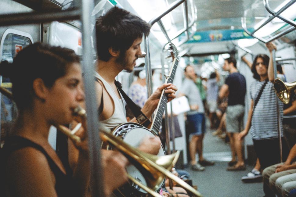 Free Stock Photo of Musicians playing instruments in a subway train ...