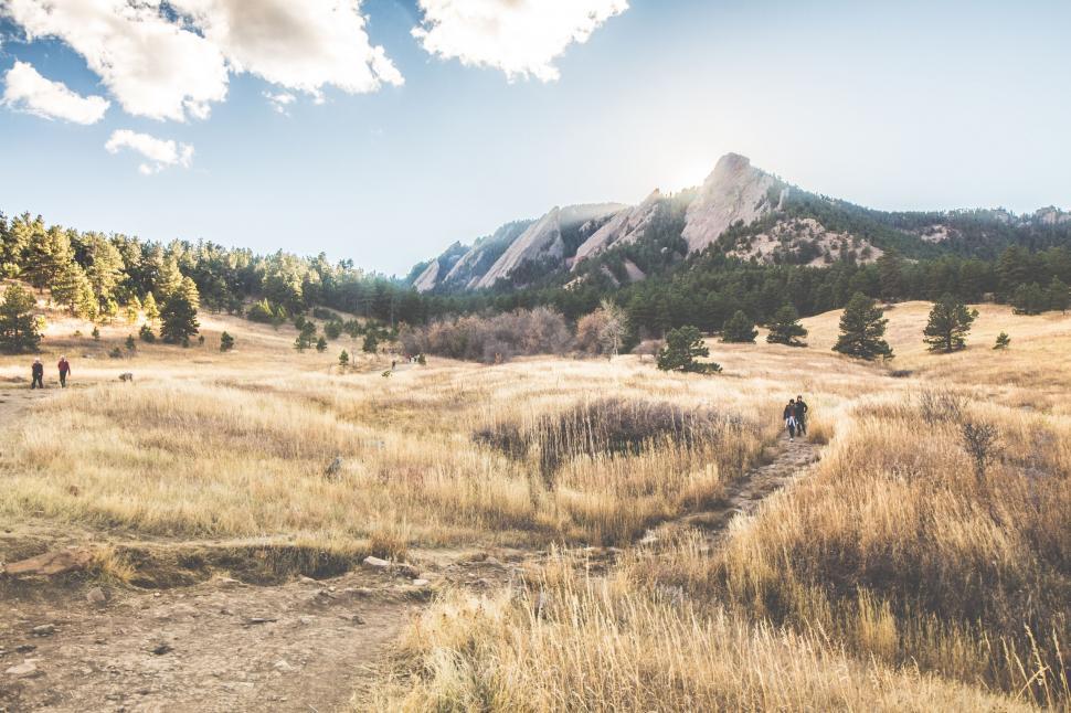 Free Stock Photo of Hikers on trail in grassy landscape with mountains ...