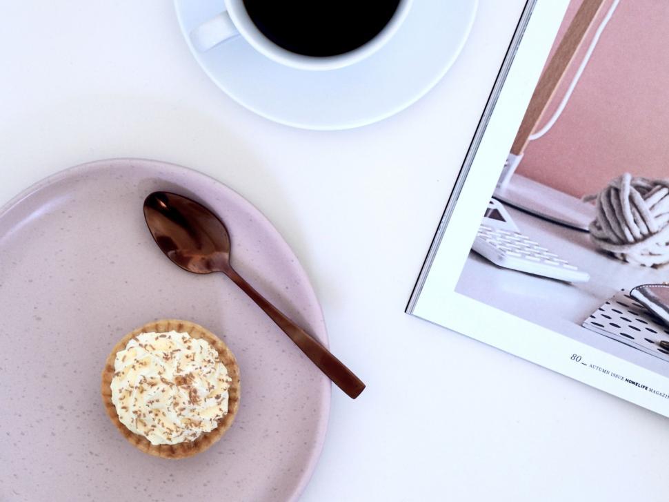 Free Stock Photo of Minimalistic breakfast setting with coffee and tart ...