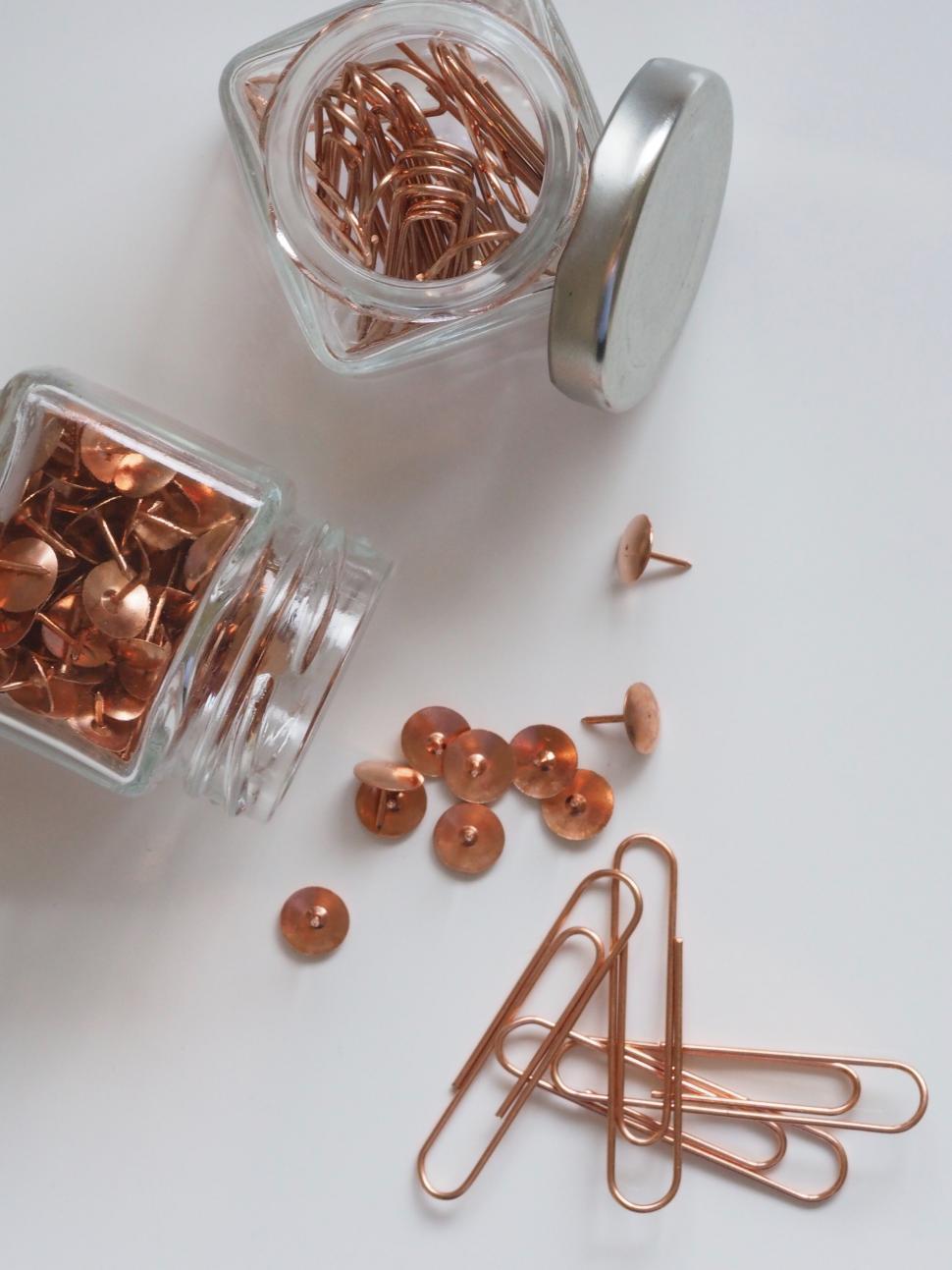 Free Stock Photo of Copper paper clips and buttons in jars | Download ...