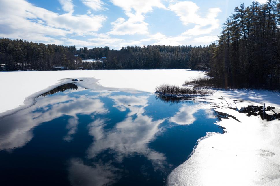 Free Stock Photo of Snow-covered lake with clear reflection under blue ...