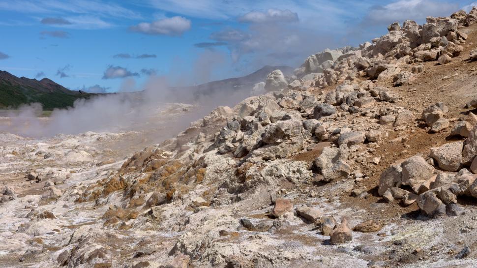 Free Stock Photo of Rocky geothermal landscape with steam rising into ...