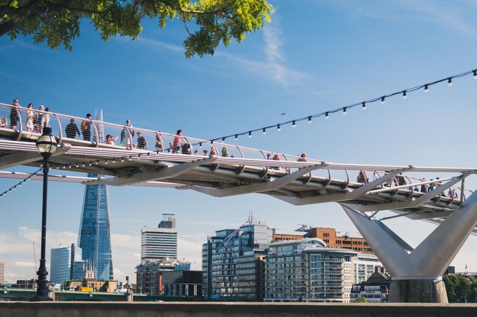 Free Stock Photo of People walking on a modern bridge with city skyline ...