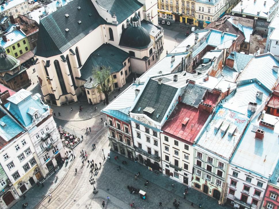 Free Stock Photo of Aerial view of town square with historic buildings ...