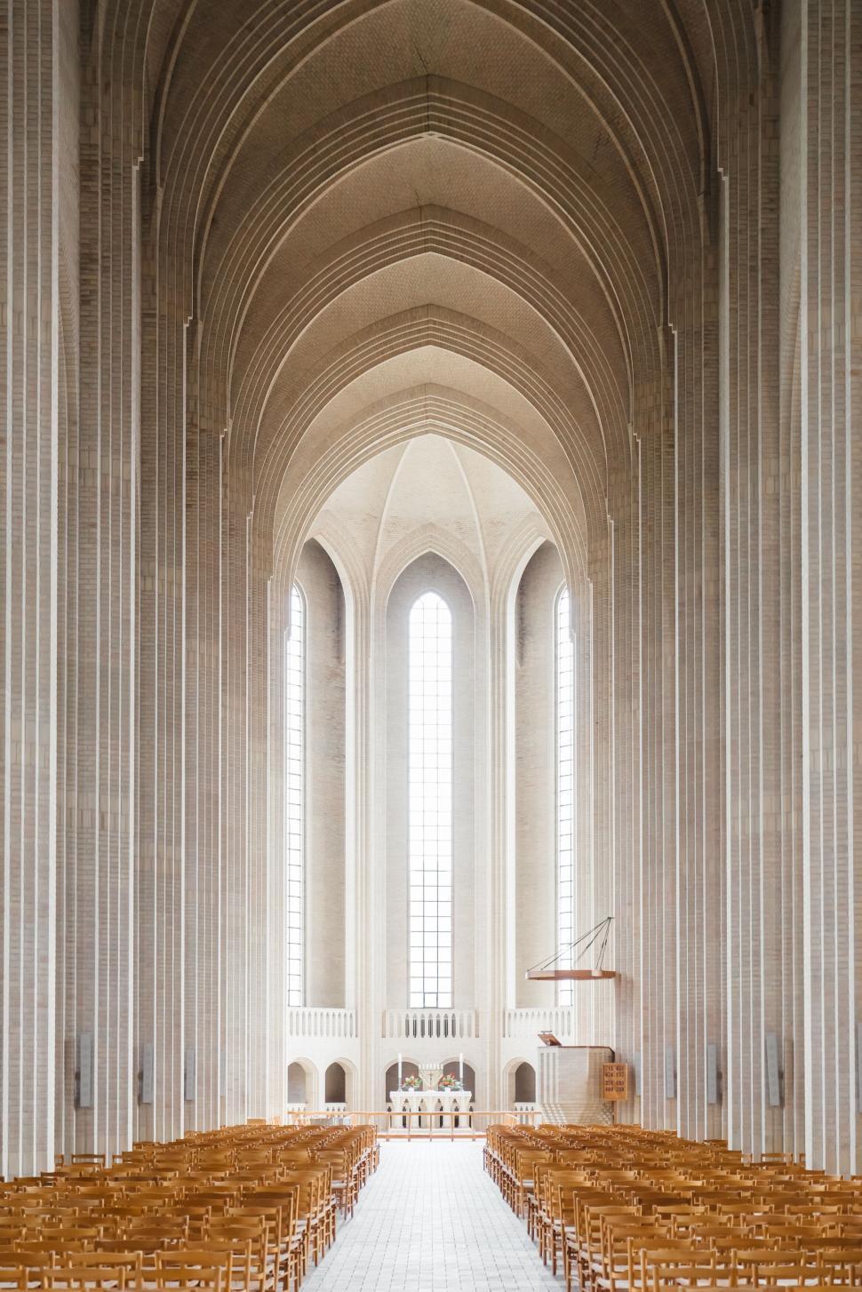 Free Stock Photo of Cathedral interior with rows of wooden chairs ...