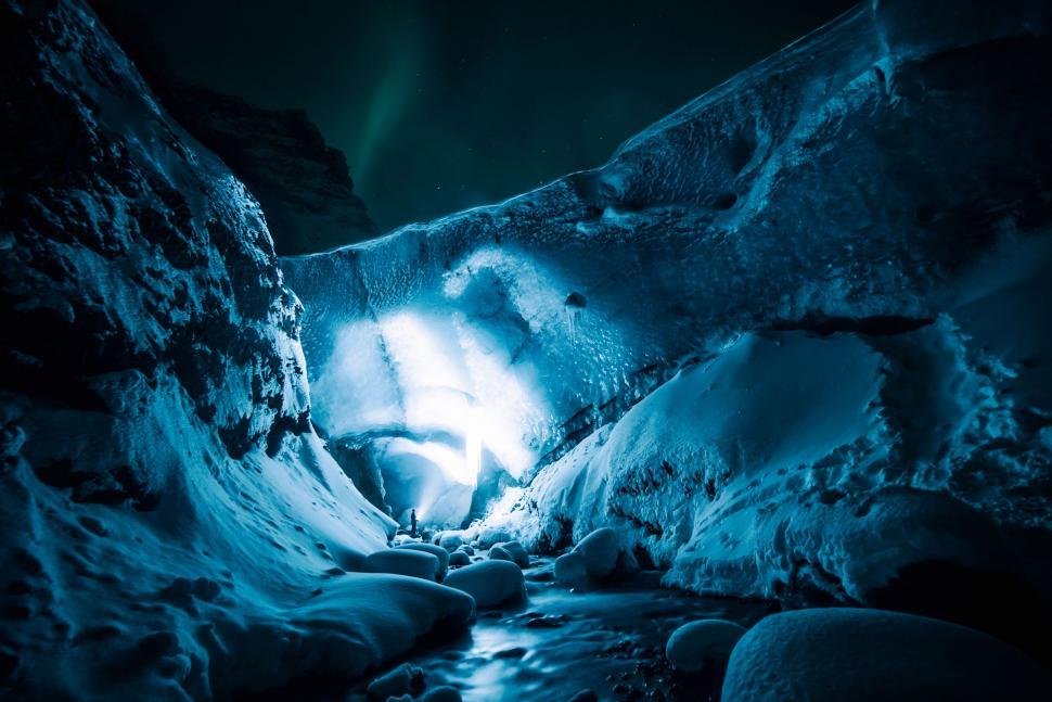 Free Stock Photo of Icy cave at night with blue lighting creating glow ...