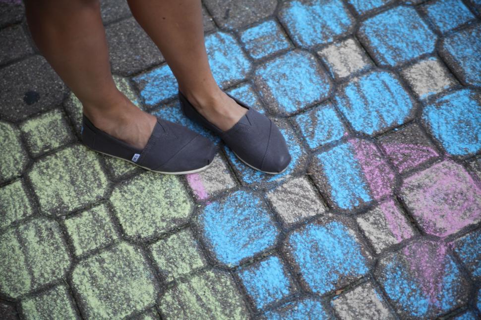 Free Stock Photo of Feet in shoes standing on colorful chalk pavement ...