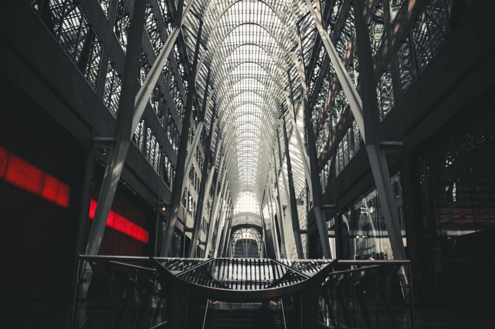 Free Stock Photo of Modern indoor atrium with intricate metal and glass ...
