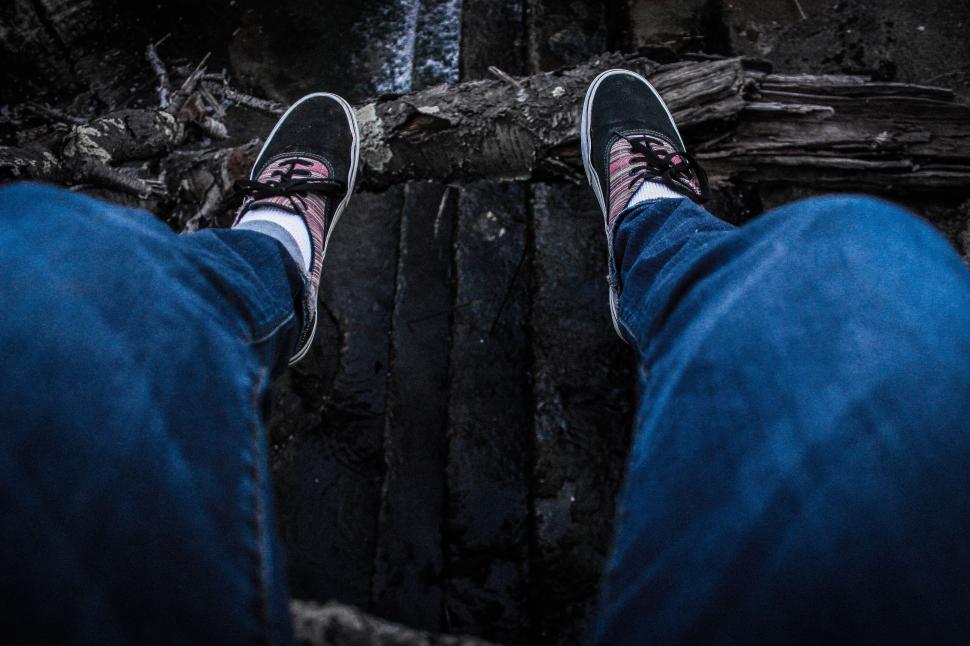 Free Stock Photo of Person dangling legs over the edge above dark water ...