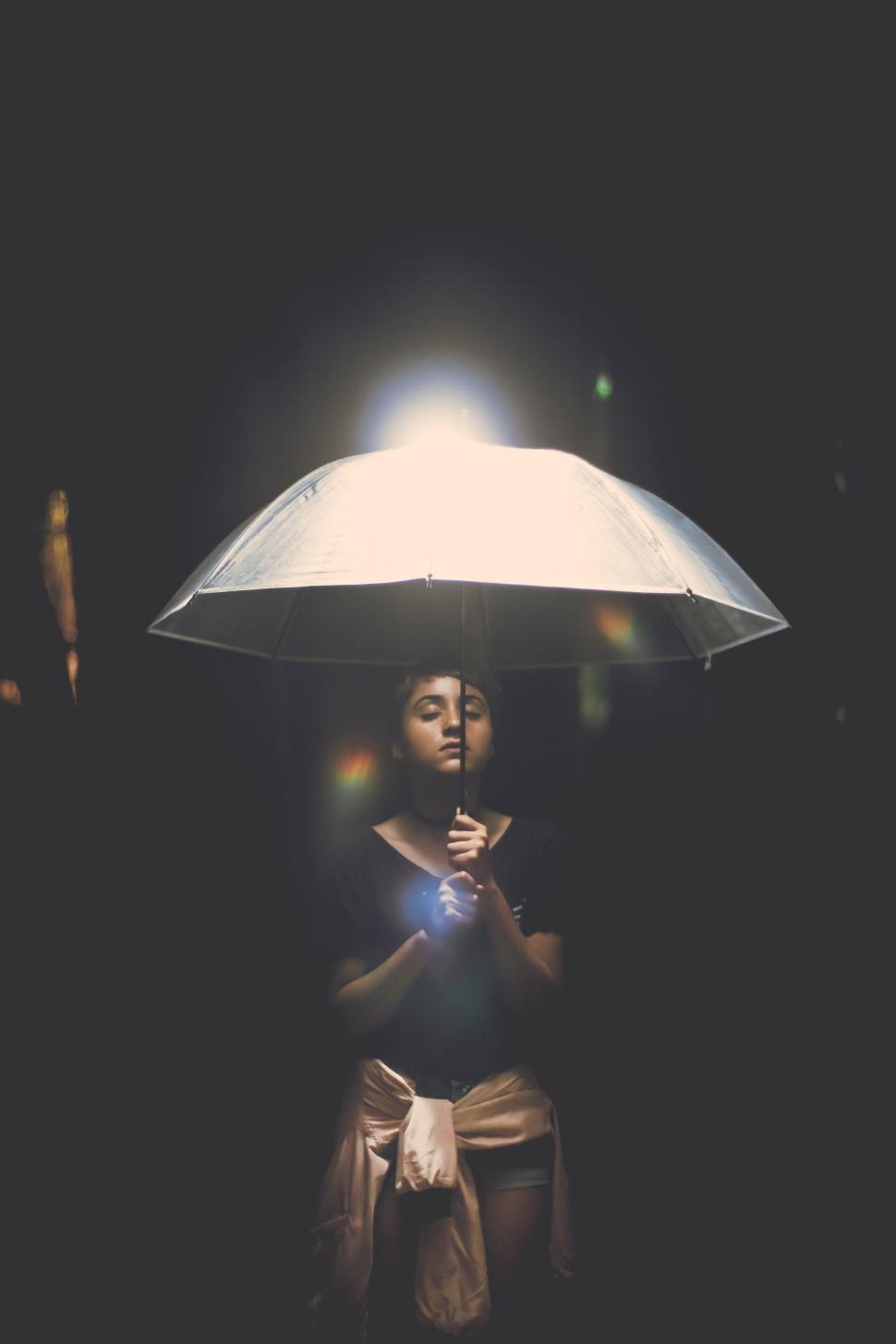 Free Stock Photo of Woman under illuminated umbrella in low light ...